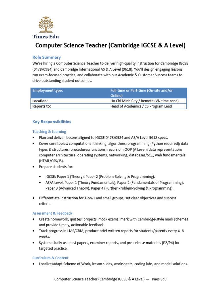 JD Computer Science Teacher Cambridge IGCSE a Level TimesEdu | PDF ...