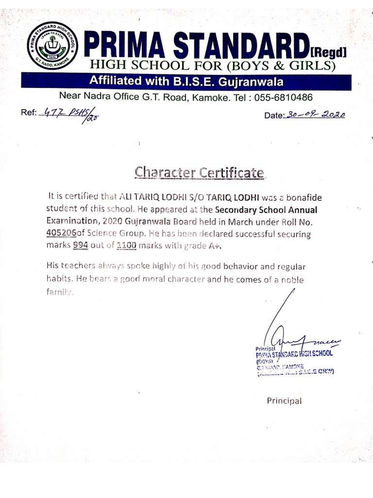 School Character Certificate | PDF