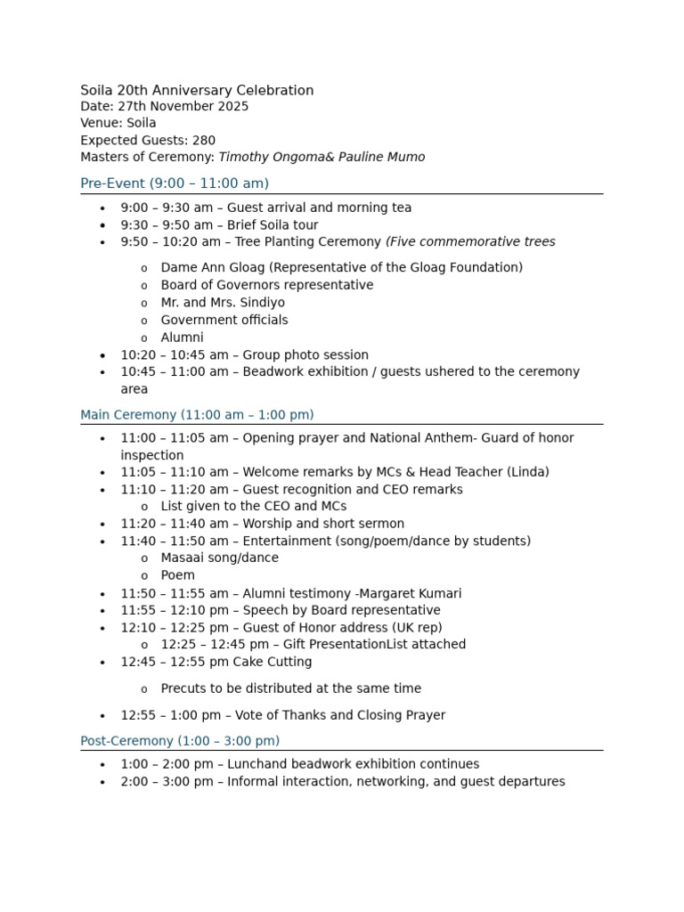 Soila 20th Anniversary Celebration Agenda | PDF