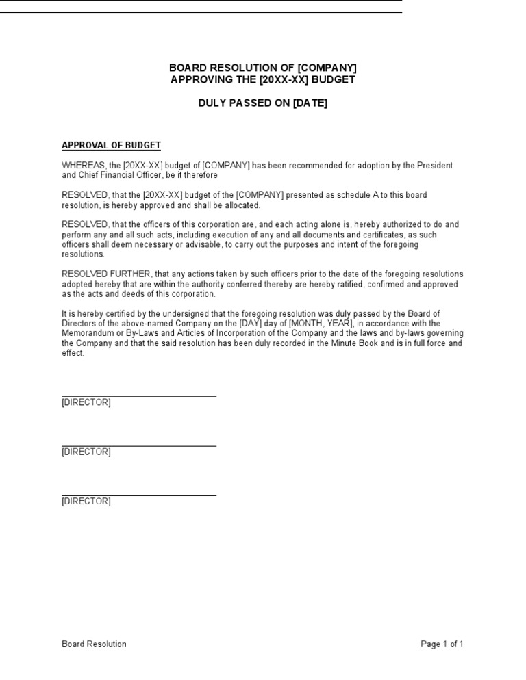Board Resolution Approving Budget | PDF | Finance & Money Management