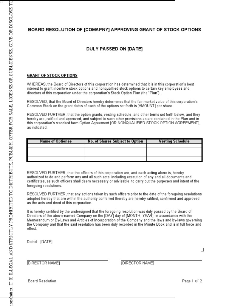 Board Resolution Approving Grant of Options | Employee Stock Option ...