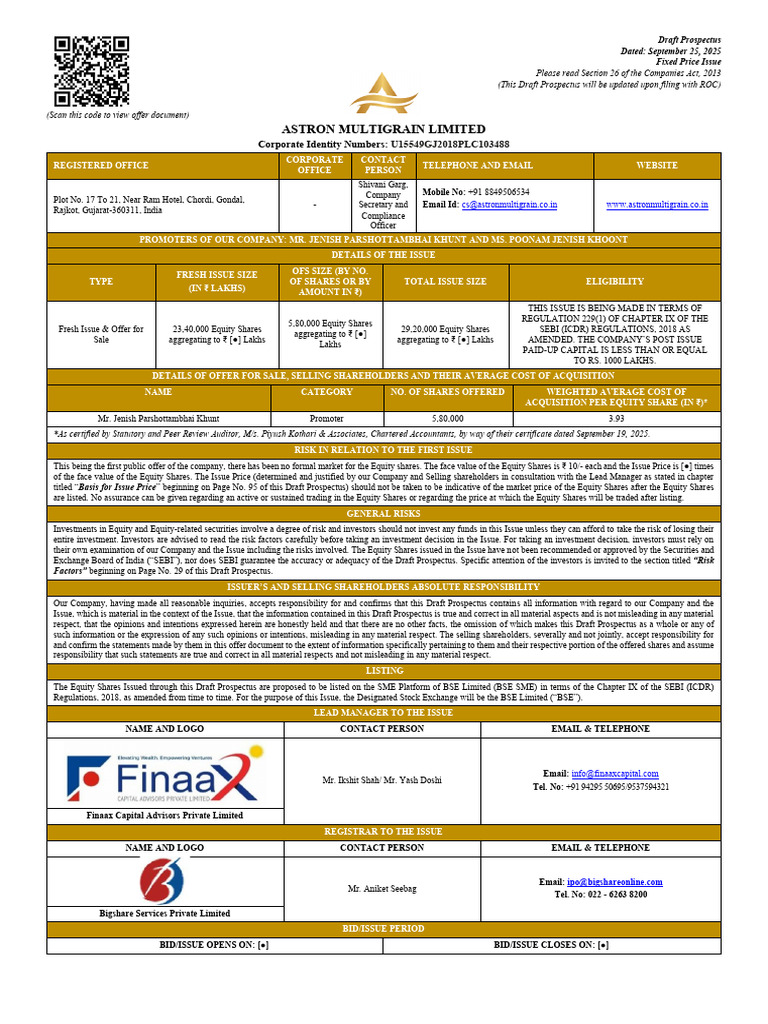 Astron Multigrain Limited Draft Prospectus | PDF | Investing | Equity ...