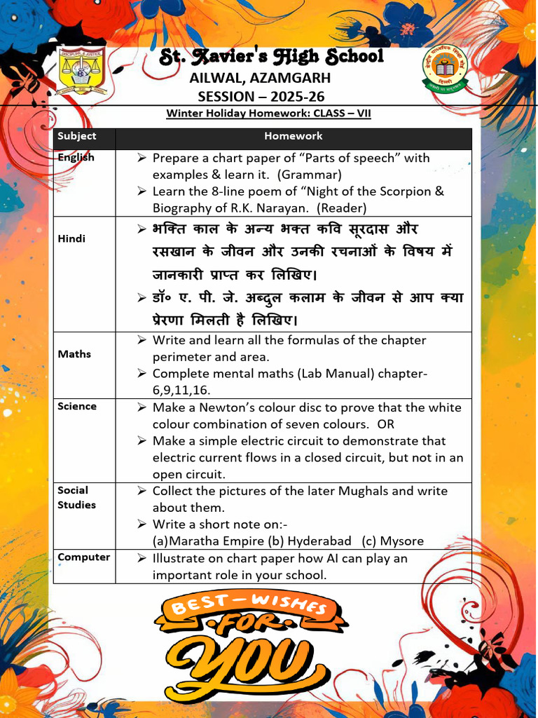 Class VII Winter Holiday Homework 2025-26 | PDF
