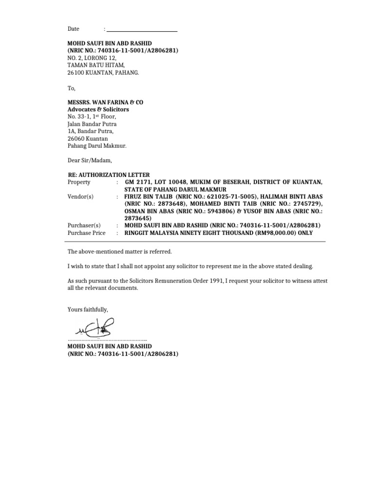 Authorization and Solicitor Appointment Letter | PDF