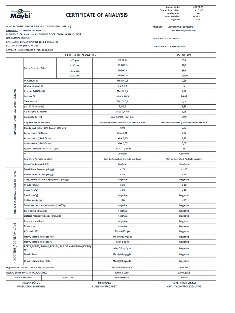 COA Lactose IP Maybi | PDF