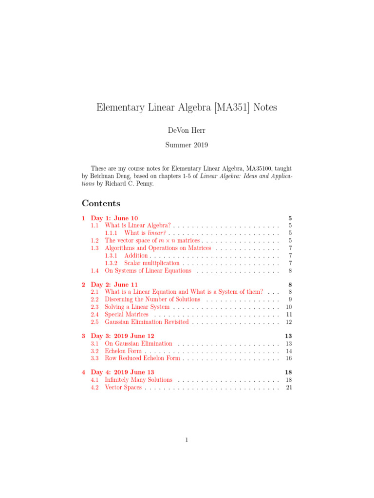 Elementary Linear Algebra [MA351] Notes | PDF | Matrix (Mathematics ...