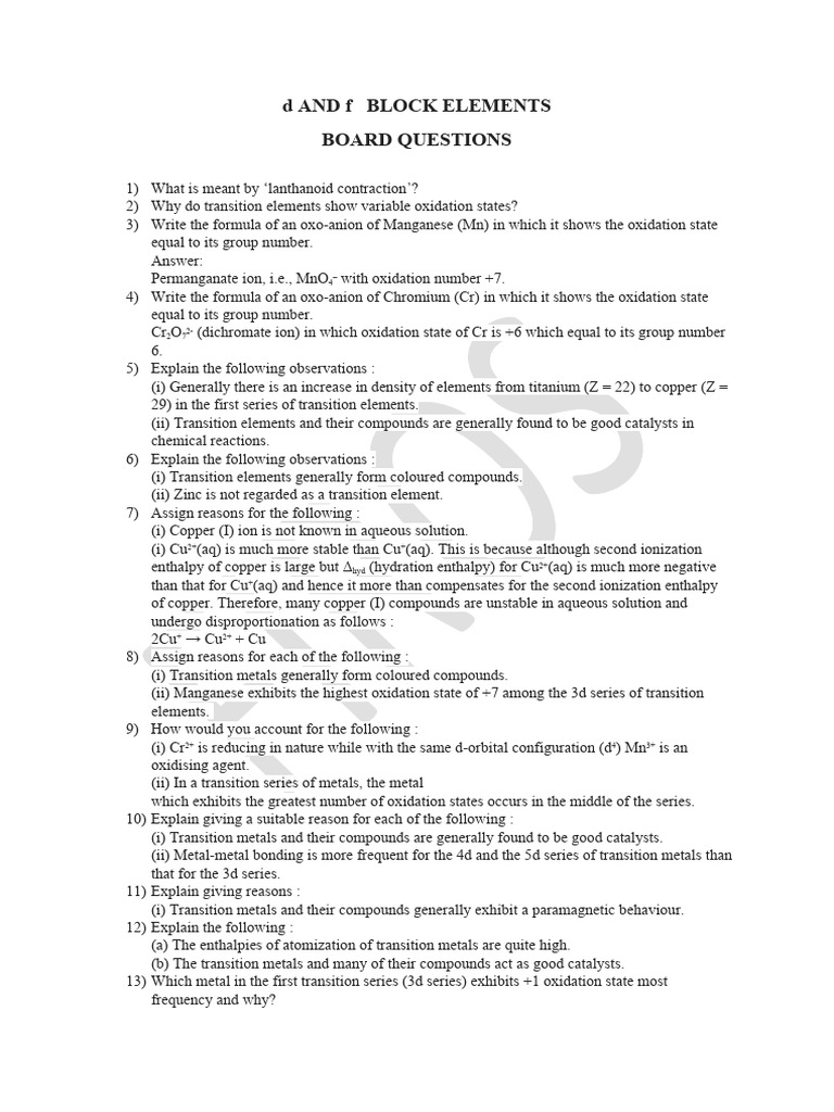 d and f Block Elements Board Questions(1) | PDF | Transition Metals ...