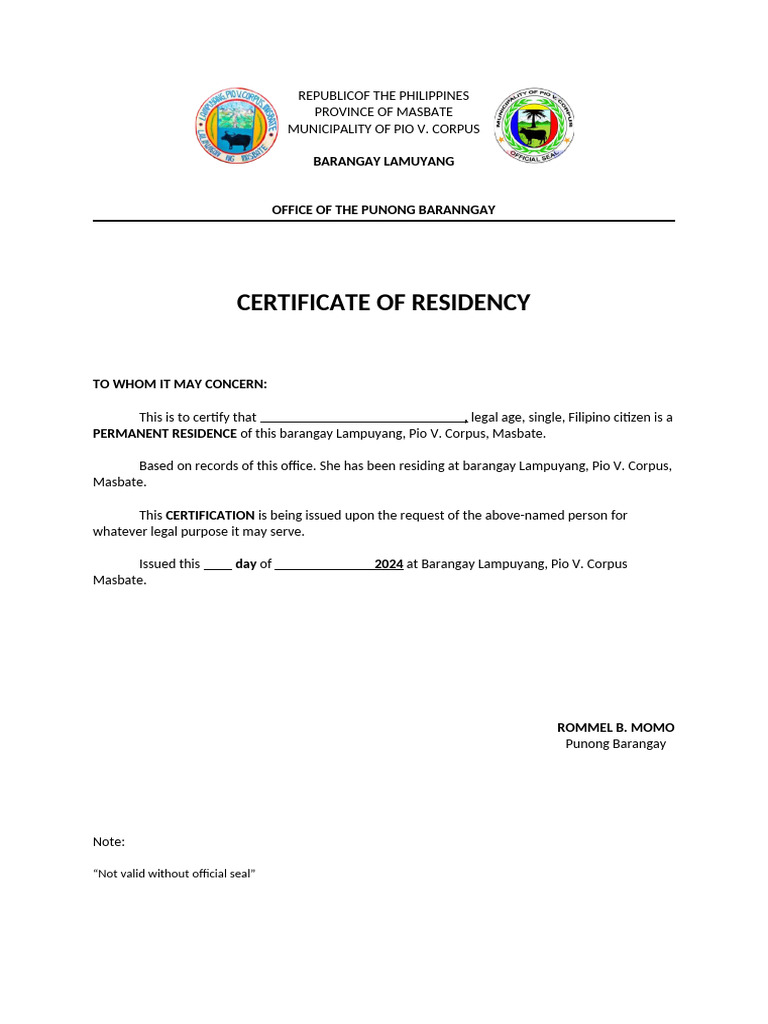 Certificate of Residency - Barangay Lamuyang | PDF
