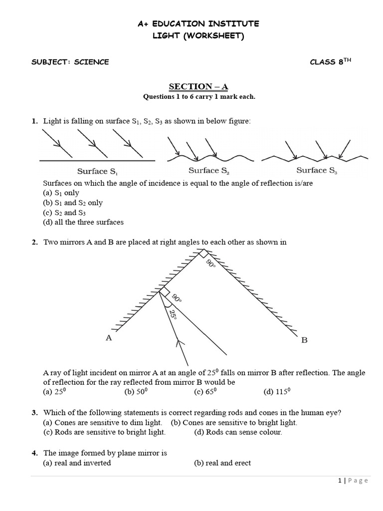 Worksheet Light Class 8th | PDF | Eye | Reflection (Physics)