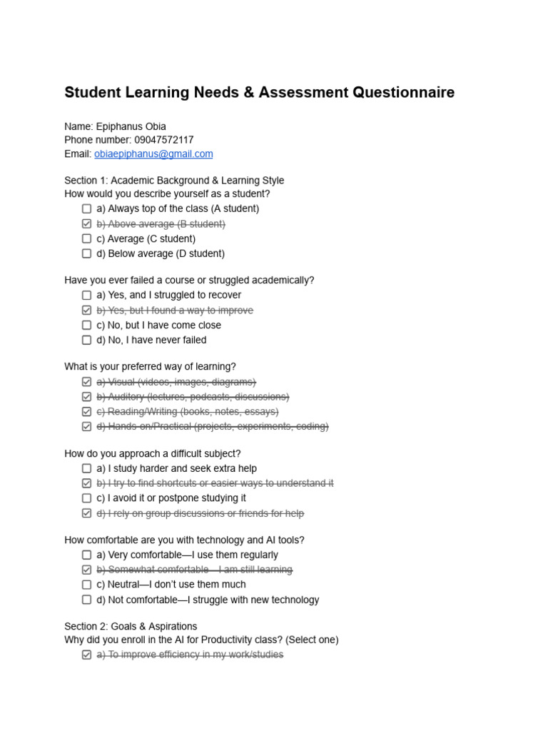 Student Learning Needs & Assessment Questionnaire | PDF | Learning ...