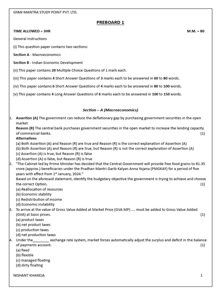 1. Pre Board 1 (1-12-24) | PDF | Money | Currency