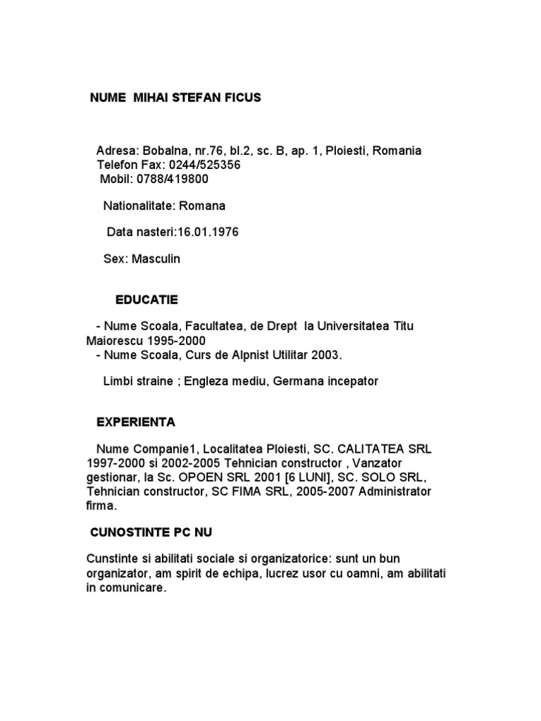 Model de Curriculum Vitae in Limba Romana | PDF