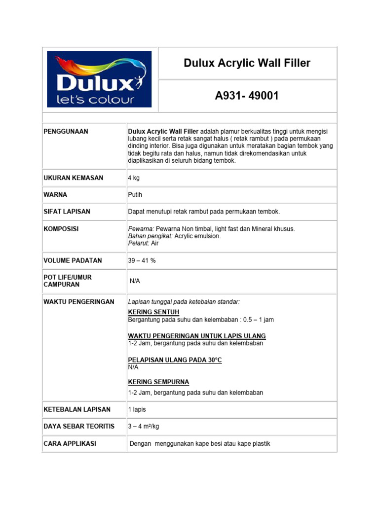 Plamur Dinding Dulux Acrylic 4kg | PDF