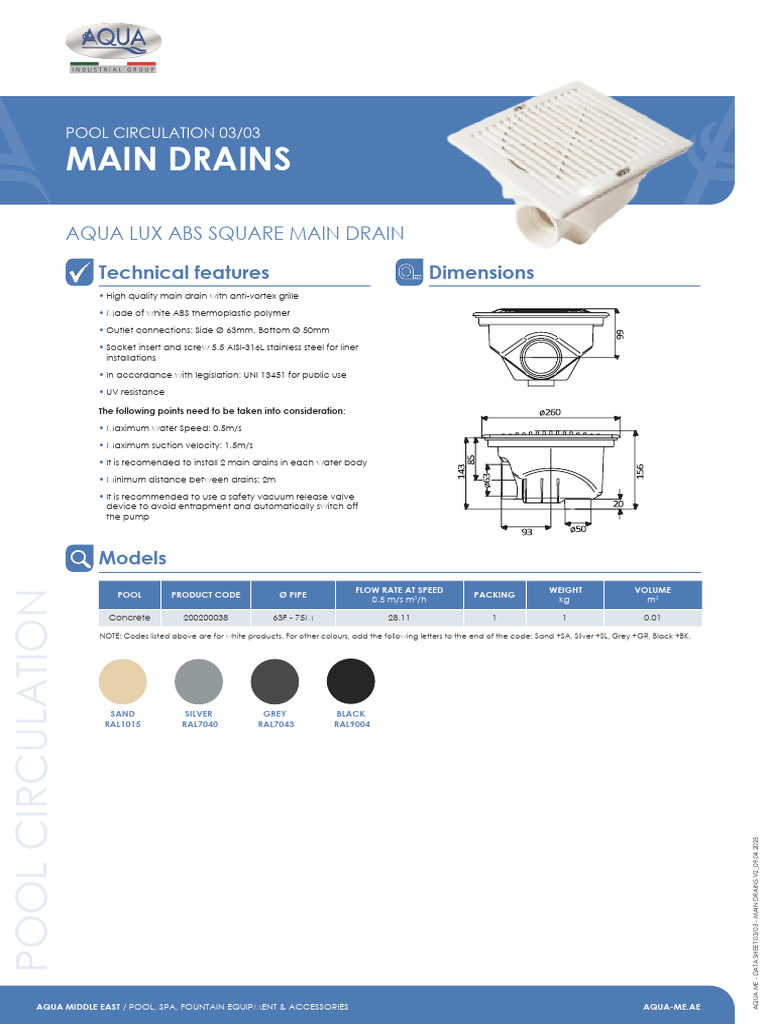 Abs Square Aquamax Main Drain Concrete | PDF | Pump | Flow Measurement