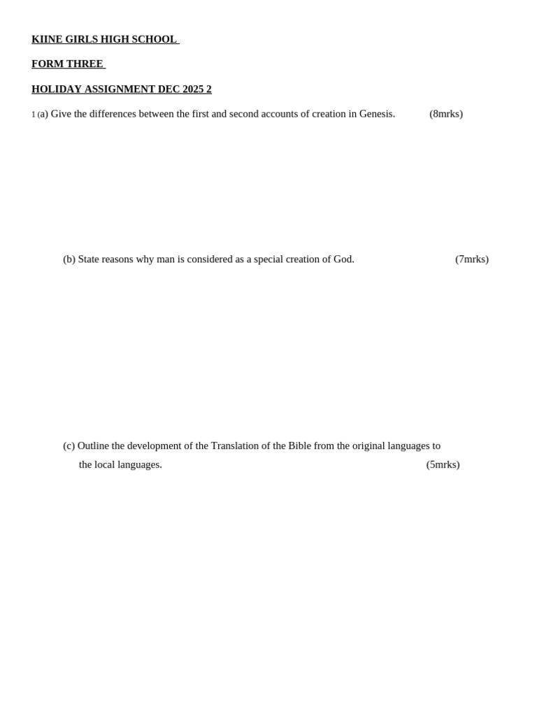 KIINE Girls High School Form 3 Holiday Assignment | PDF