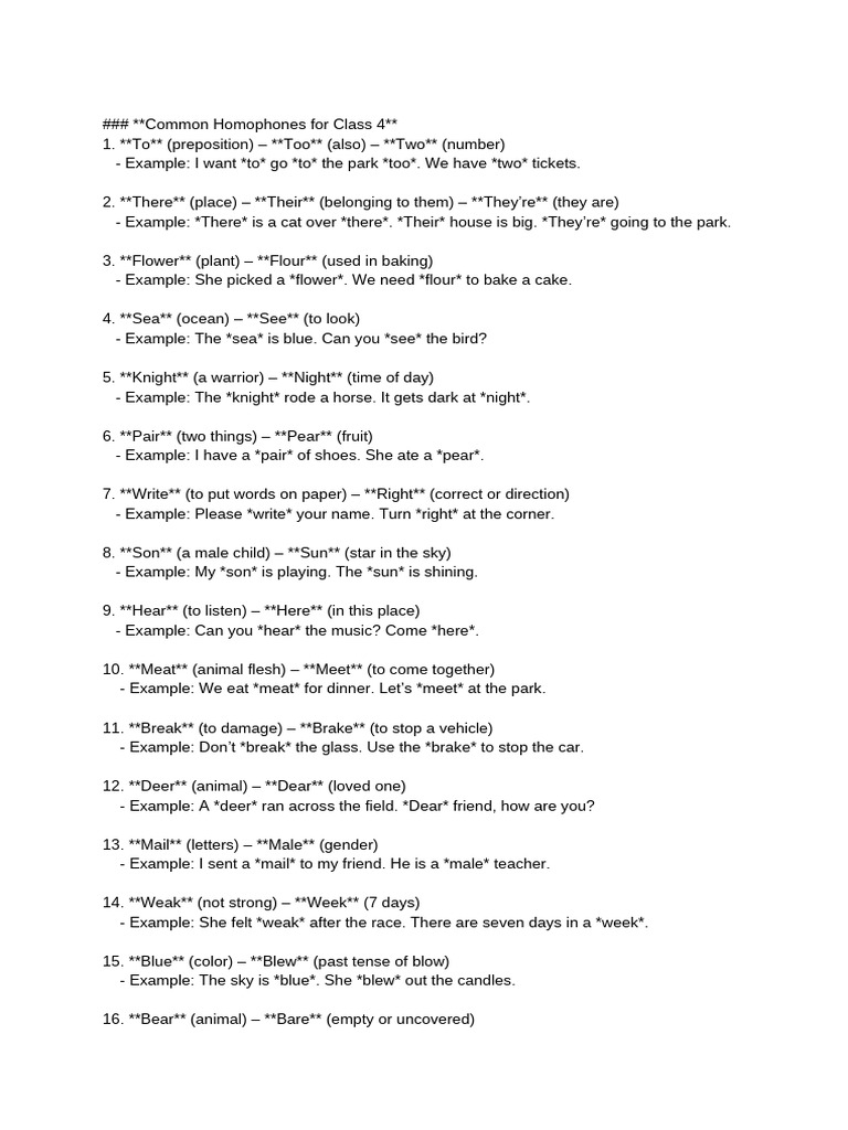 Homophones for Class 4 | PDF