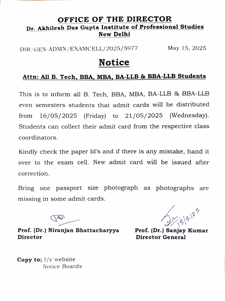 Notice for the Distribution of Admit Cards | PDF