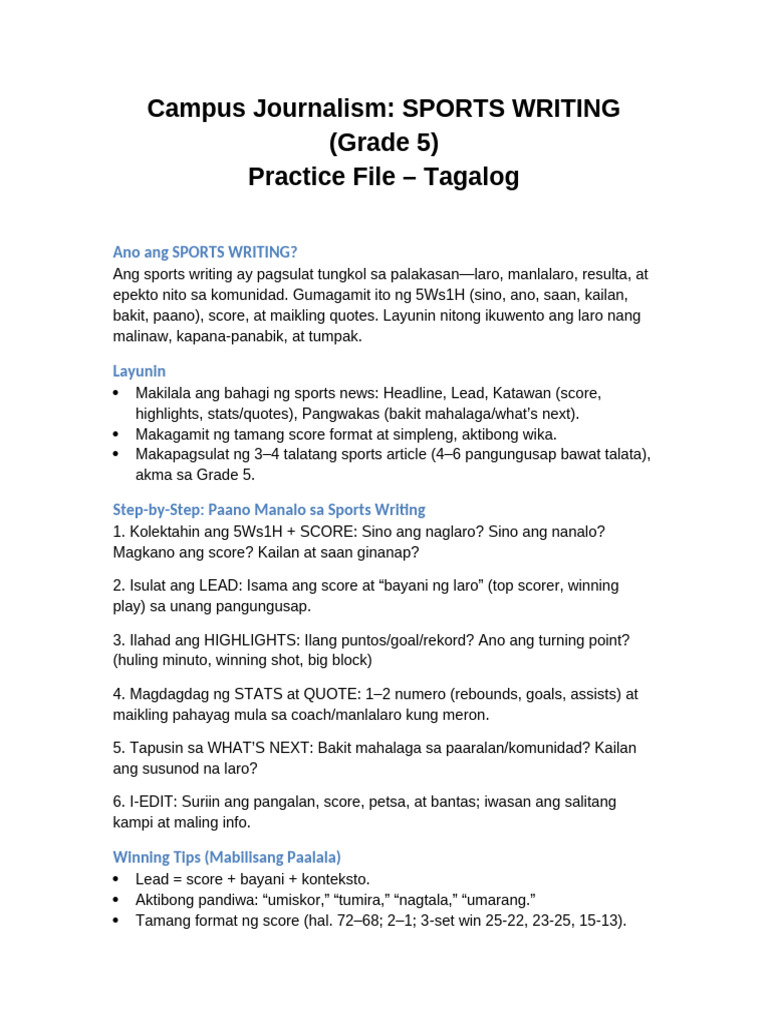Campus Journalism SportsWriting Grade5 Tagalog Practice | PDF