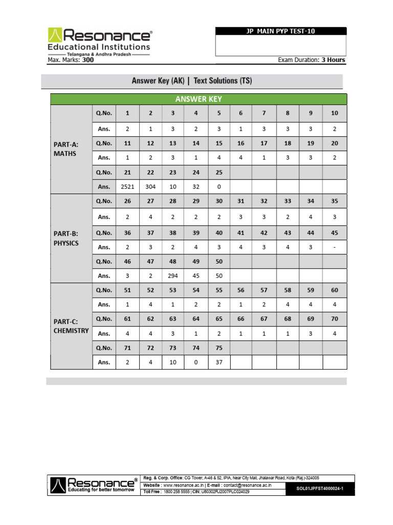 JP Main PYP Test-10 Answer Key | PDF | Chemical Substances | Chemical ...