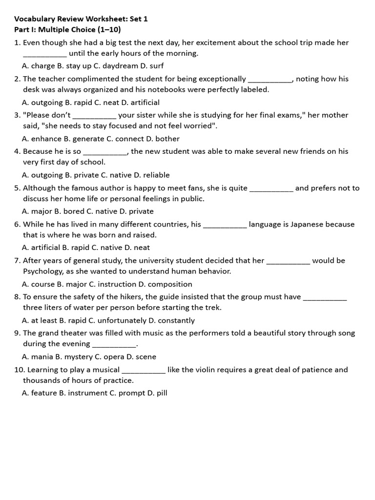 Cet Vocabulary Review Worksheet | PDF