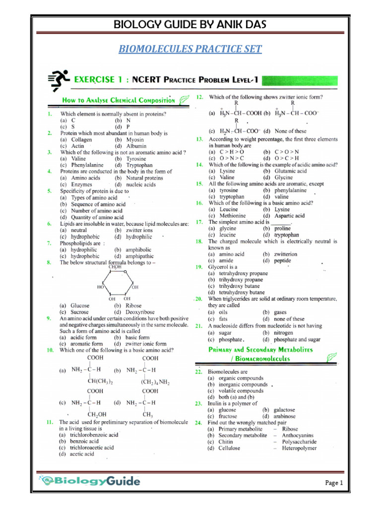 BIOMOLECULES PRACTICE SET. | PDF