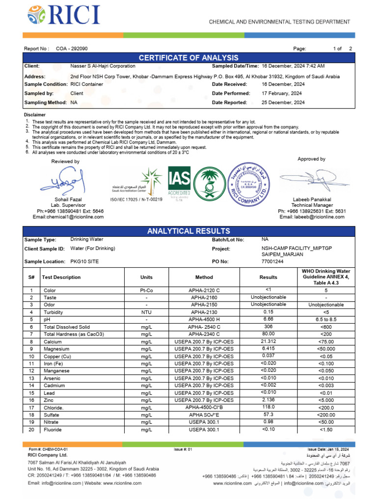 Drinking Water Quality Test Report Week-52 | PDF
