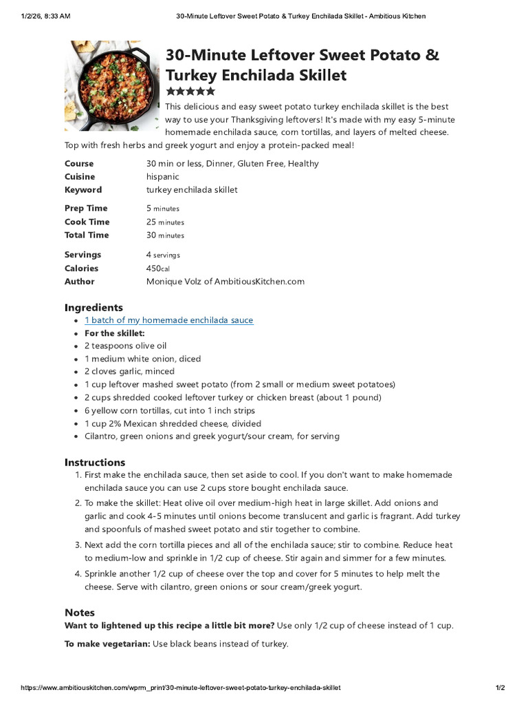 30-Minute Leftover Sweet Potato & Turkey Enchilada Skillet - Ambitious Kitchen | PDF