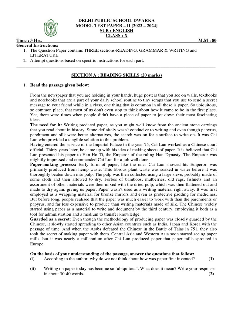 Class X English Model Test Paper 2023-24 | PDF | Brand | Paper