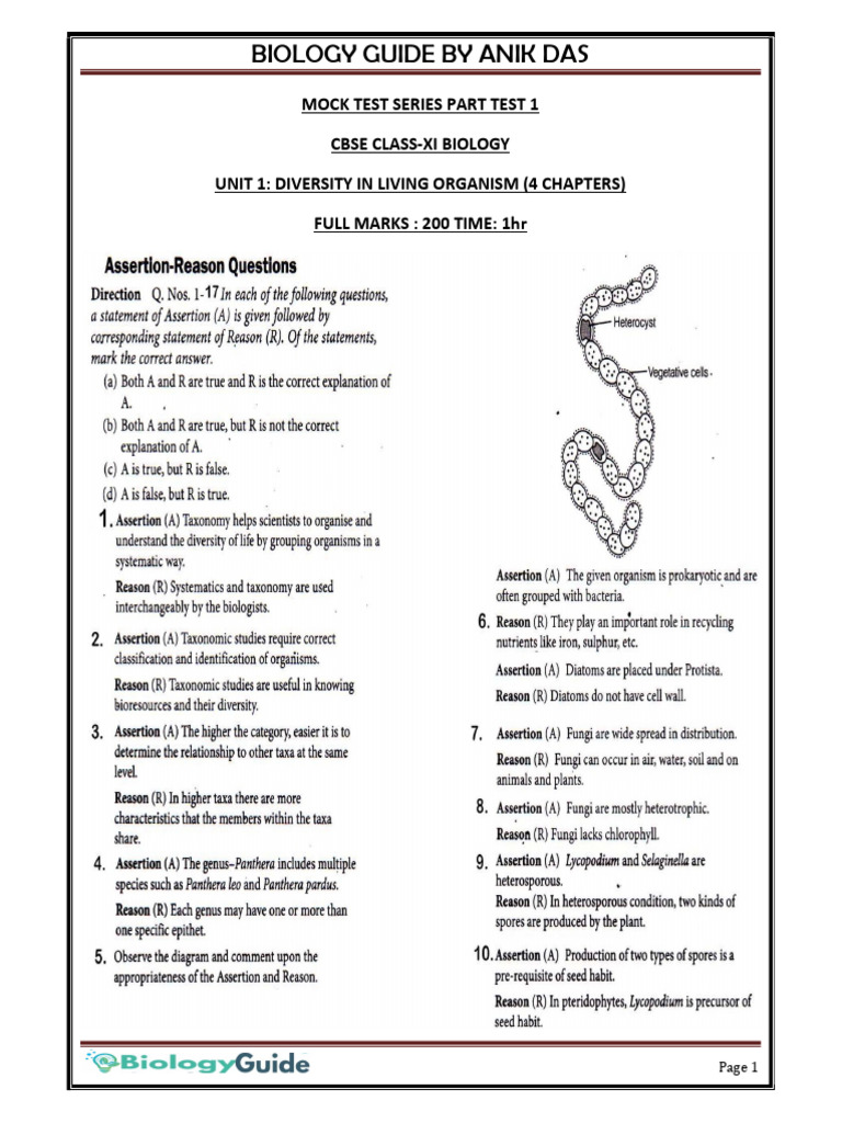 CBSE Class XI Biology Mock Test 1 | PDF