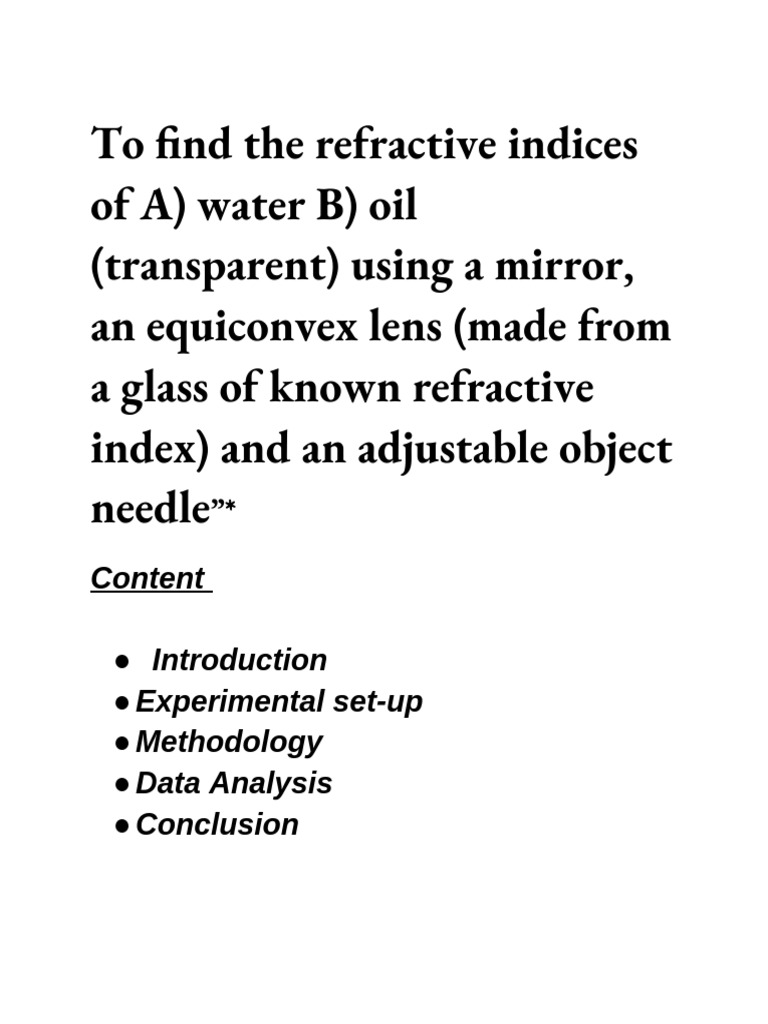 To Find the Refractive Indices of a) Water B) Oil (Transparent) Using a ...