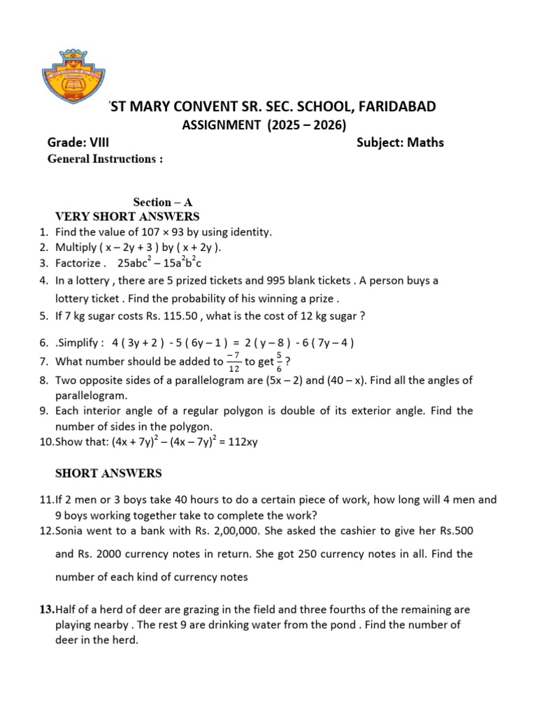 Grade VIII Maths Assignment 2025-2026 | PDF