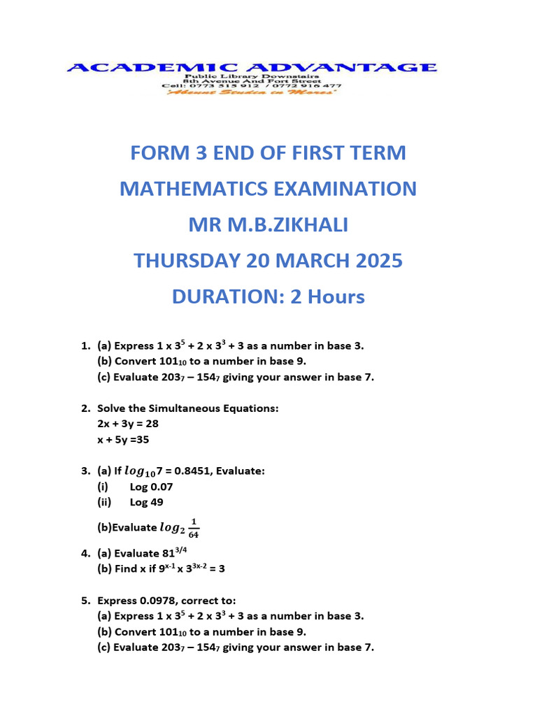 Form 3 End of First Term_maths Test | PDF