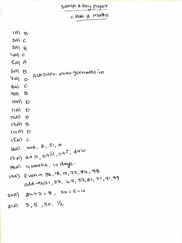 3rd Class Maths FA 3 Key Paper | PDF