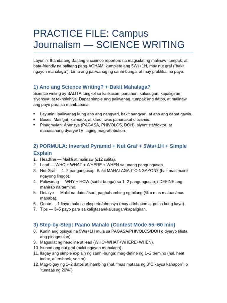 Campus Journalism Science Grade6 Practice File Tagalog 2dyaryo QUIZ | PDF