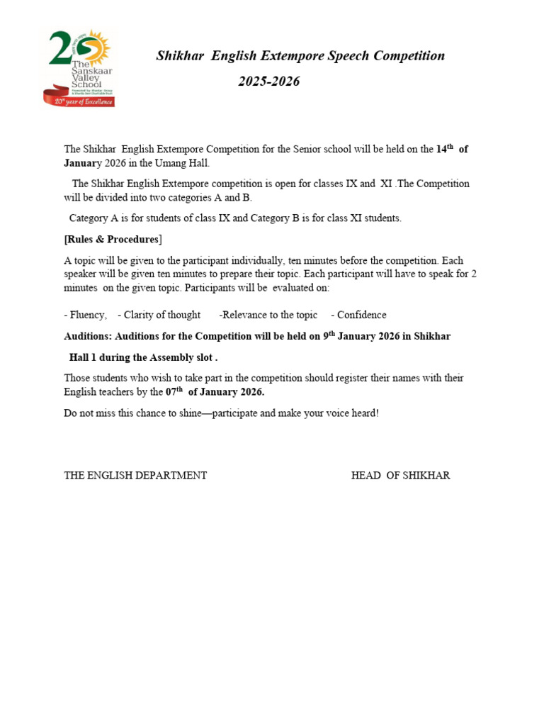 Shikhar English Extempore 2026 Details | PDF