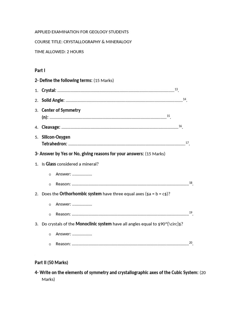 Geology Exam: Crystallography & Mineralogy | PDF | Crystal Structure ...