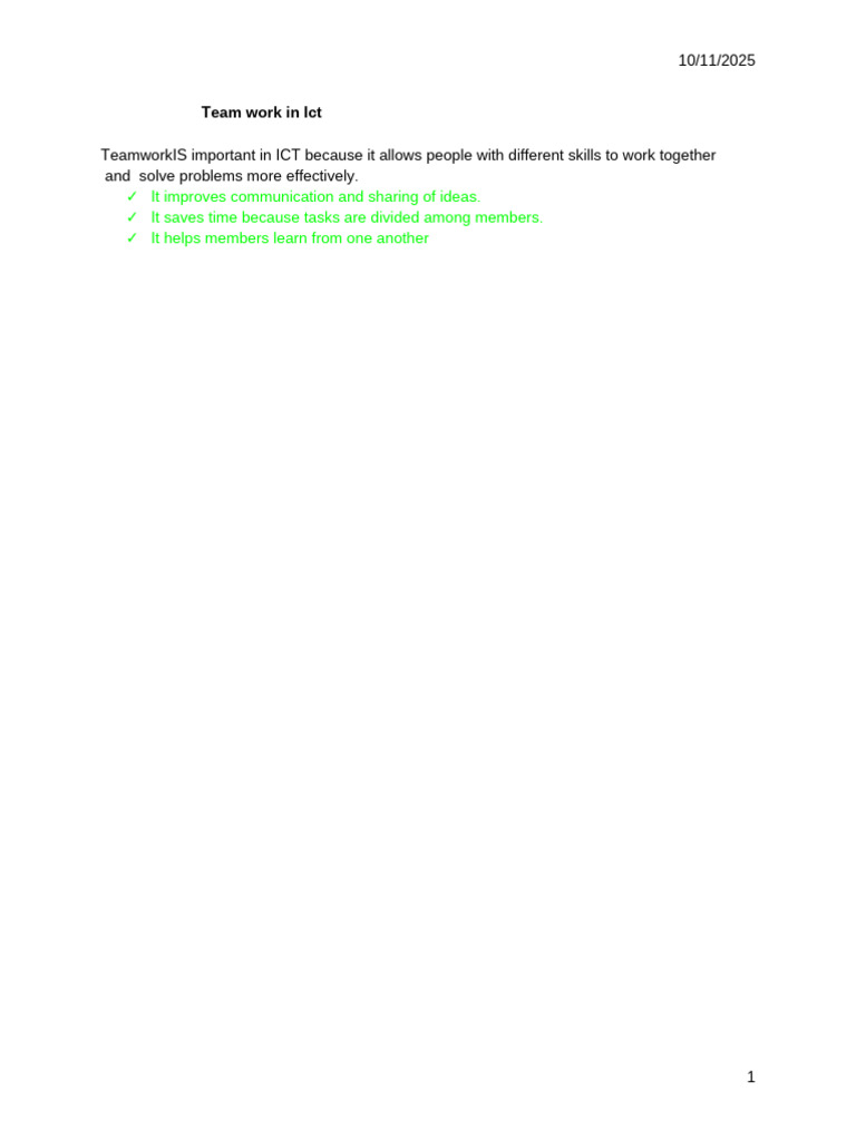 Importance of Teamwork in ICT | PDF