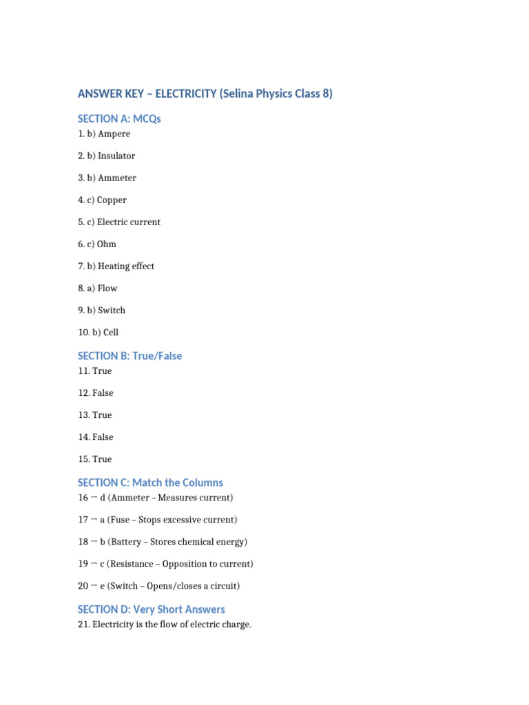 Electricity Answer Sheet | PDF