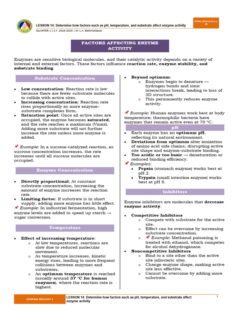 Factors Influencing Enzyme Activity | PDF | Enzyme | Enzyme Inhibitor