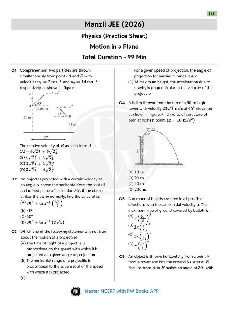 Motion in a Plane_DPP.pdf | PDF | Acceleration | Projectiles