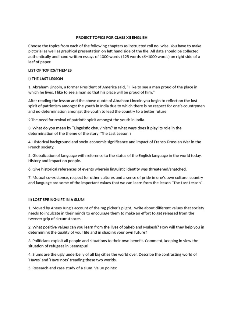 Project Topics For Class Xii English | PDF