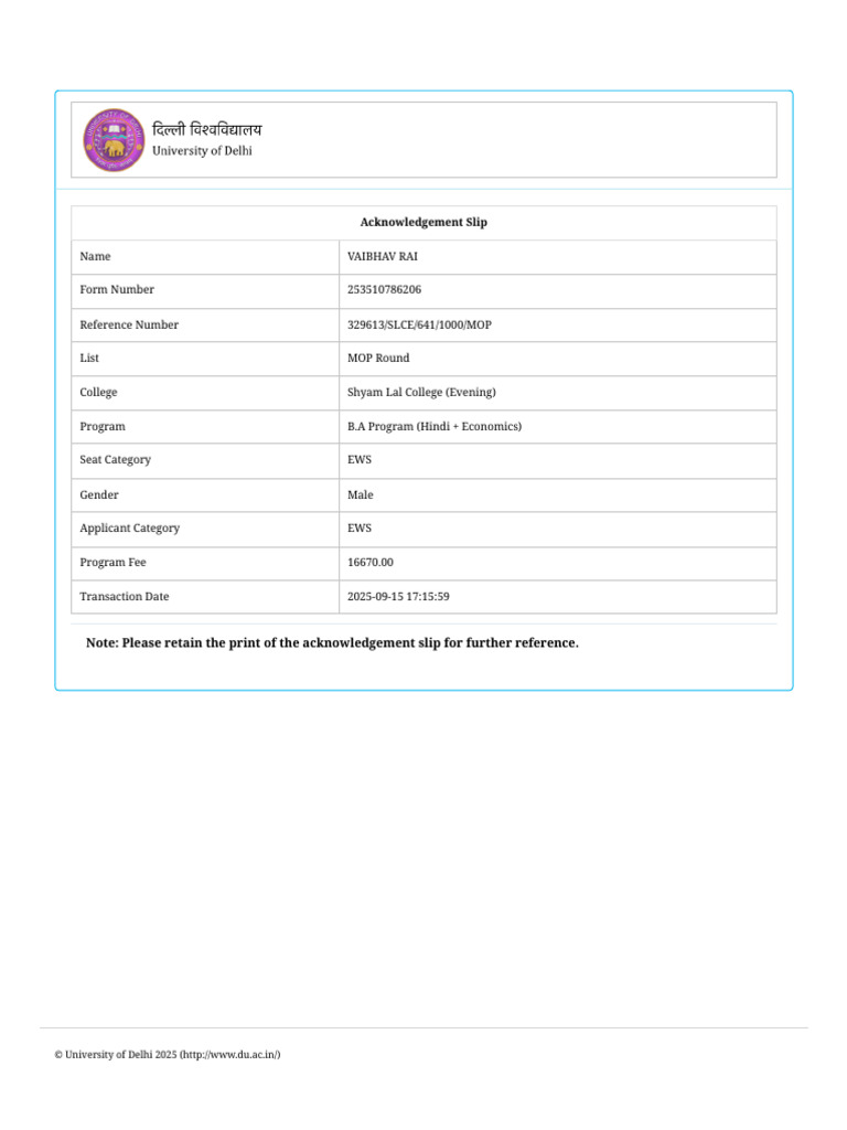 Acknowledge Slip University of Delhi | PDF