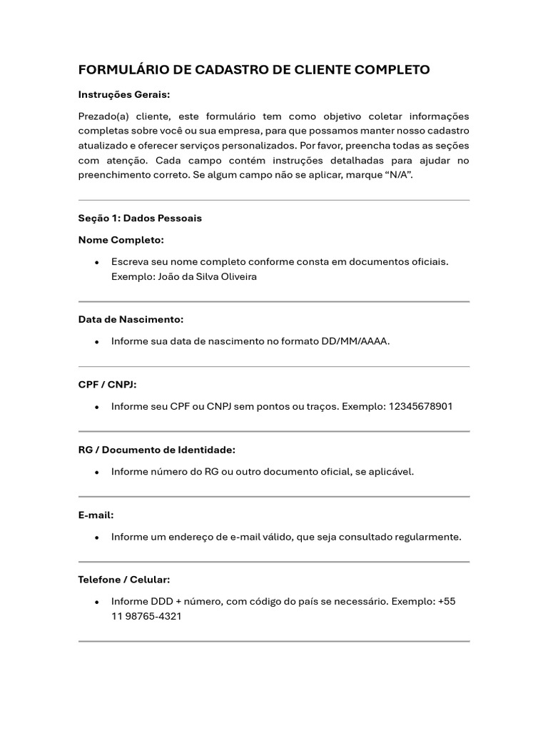 Formulário de Cadastro de Cliente Completo | PDF