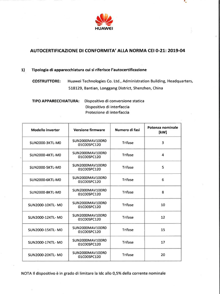 Certificazione Di Conformità CEI021 Huawei Trifase Ibrido Serie M0 | PDF