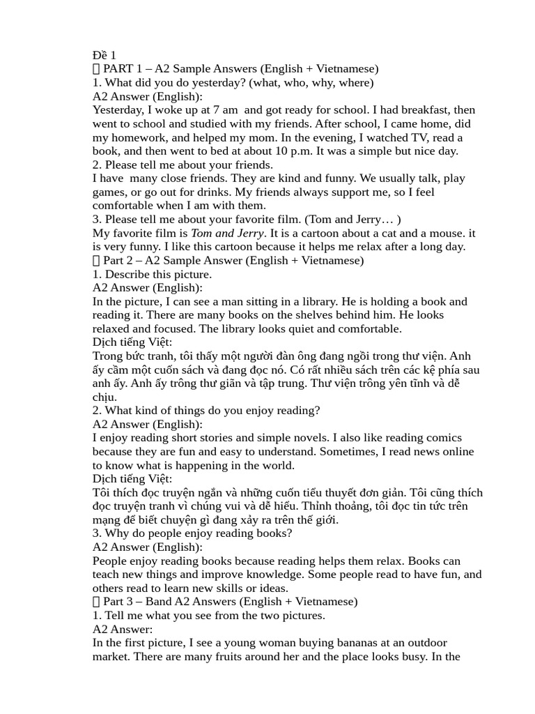 A2 English Sample Answers Guide | PDF