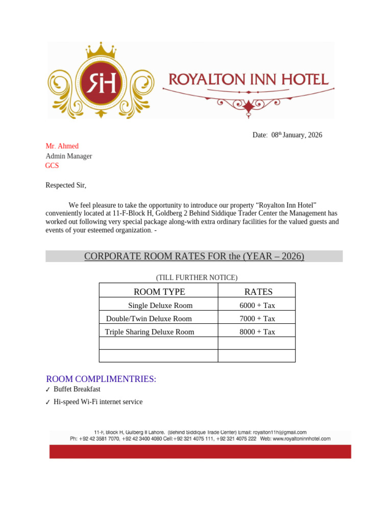 Royalton Inn Hotel Corporate Rates 2026 | PDF