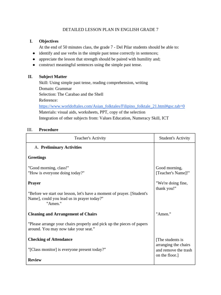 Grade 7 English Lesson Plan: Simple Past Tense | PDF | Stress ...