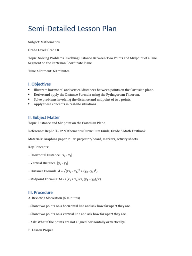 Distance and Midpoint in 8th Grade Math | PDF