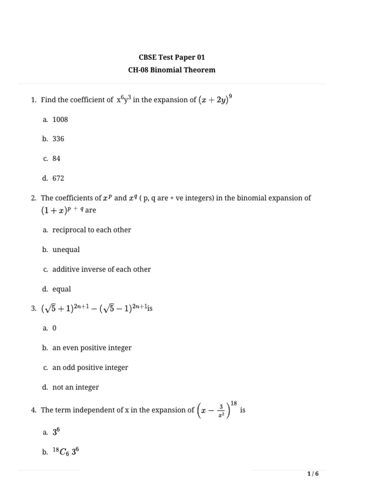 CBSE Binomial Theorem Test Paper | PDF