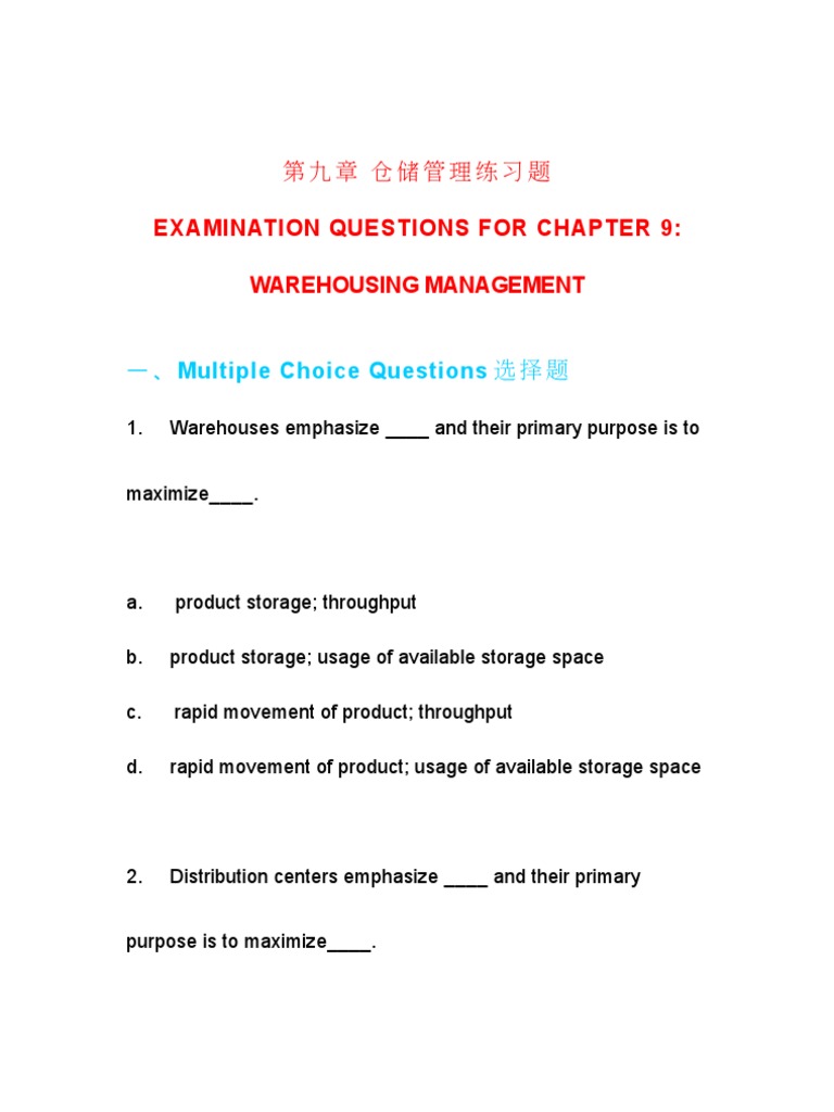 Warehouse Management Exam Questions | PDF | Warehouse | Forklift